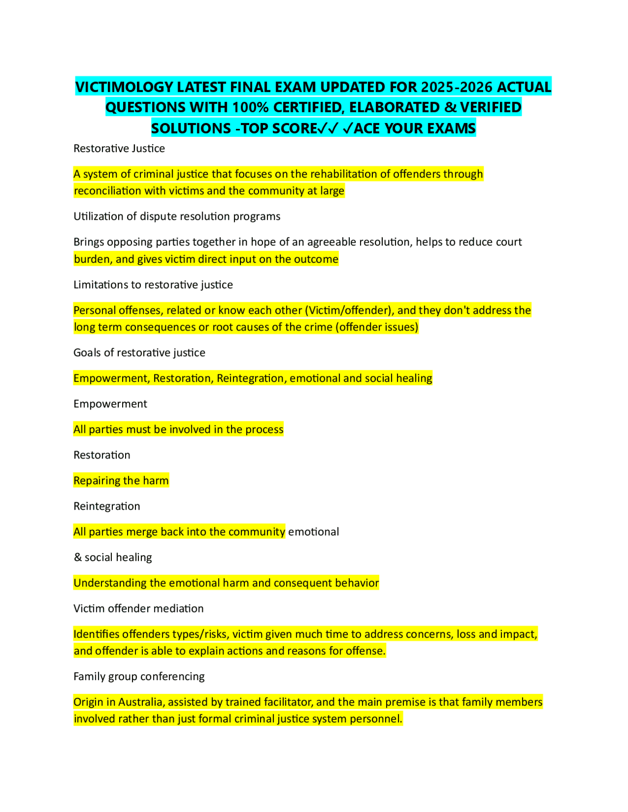 Victimology Final Exam Questions and Answers 2025-2026 | Exams Law ...
