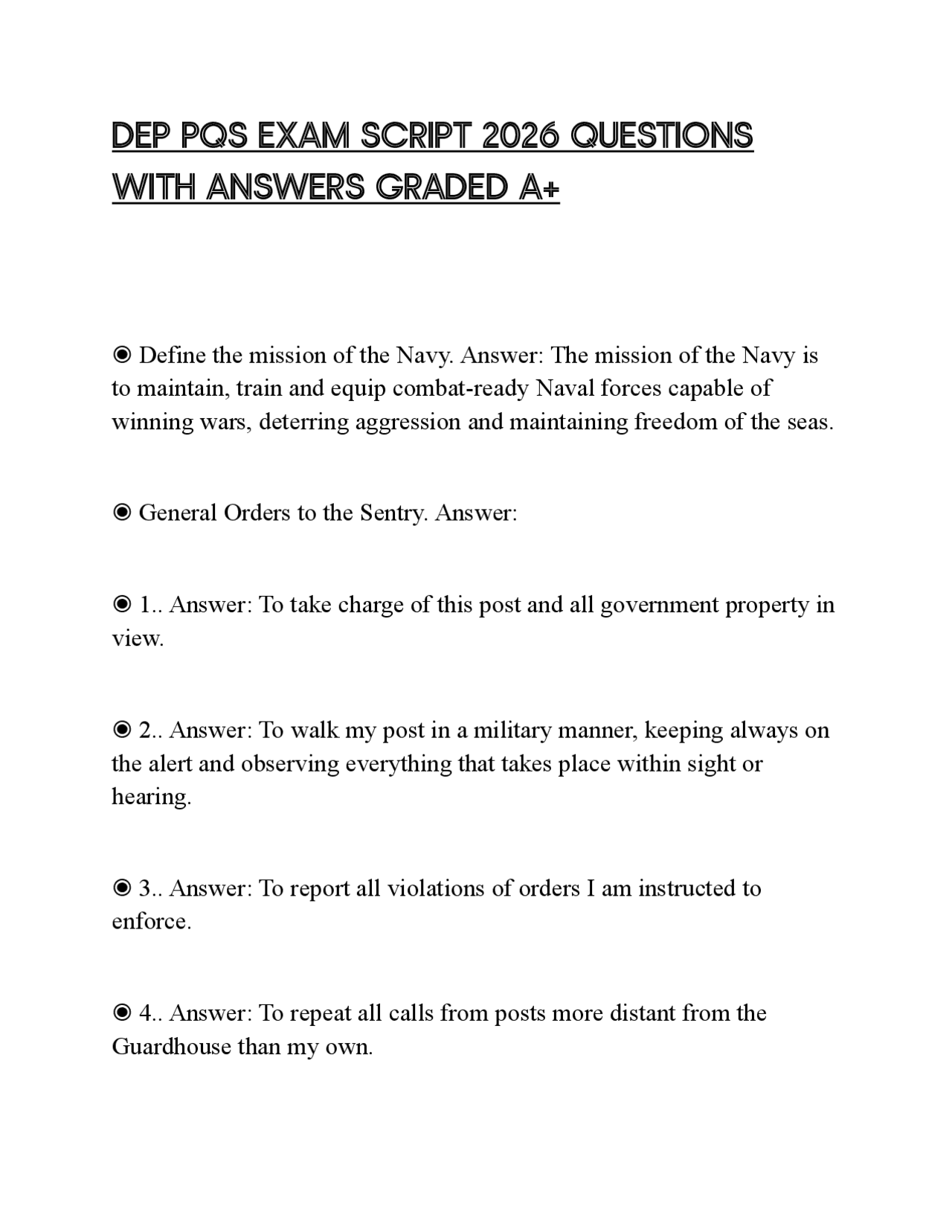 DEP PQS EXAM SCRIPT 2026 QUESTIONS WITH ANSWERS GRADED A+ | Exams ...