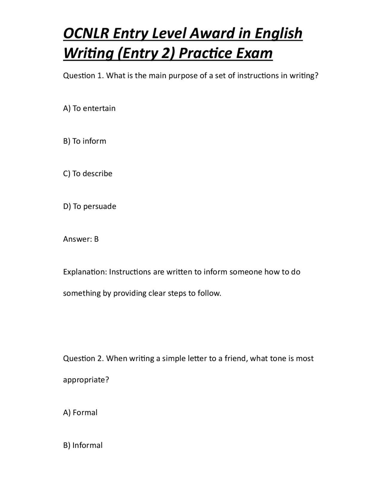 English Writing Practice Exam (Entry Level) | Exams Technology | Docsity