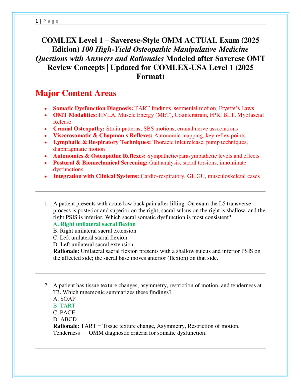 COMLEX Level 1 – Savarese-Style OMM Actual Exam (2025 Edition) 100 High ...