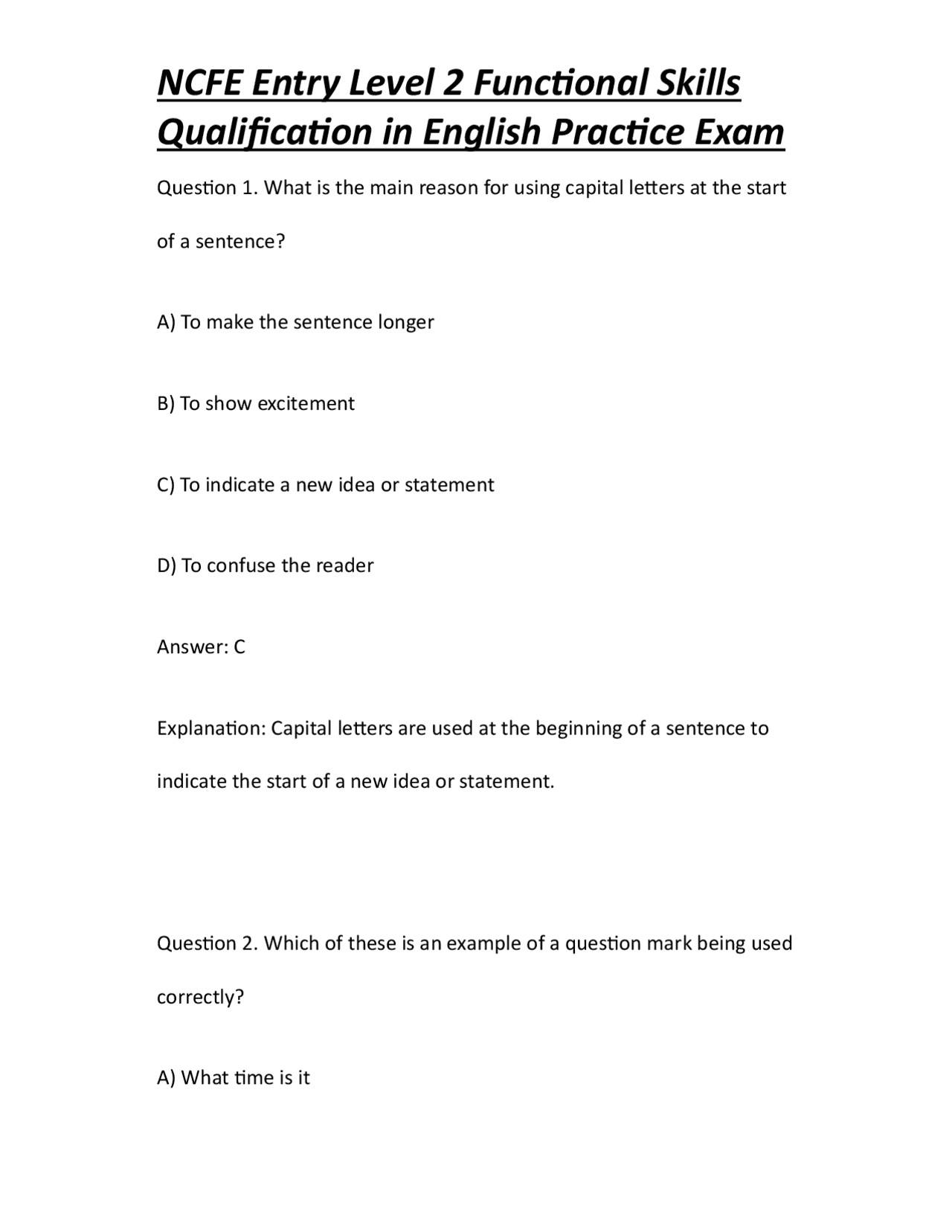 NCFE Entry Level 2 English Practice Exam: Questions and Answers | Exams ...