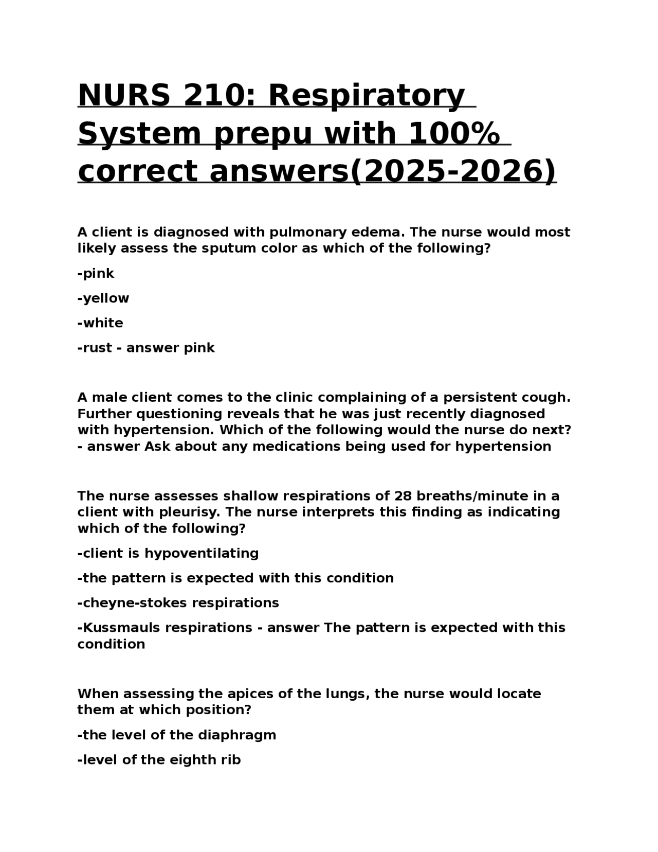 Respiratory System Practice Questions and Answers for Nursing Students ...