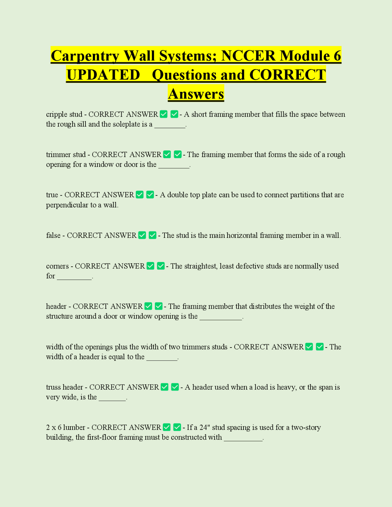 Carpentry Wall Systems; NCCER Module 6 UPDATED Questions and CORRECT ...