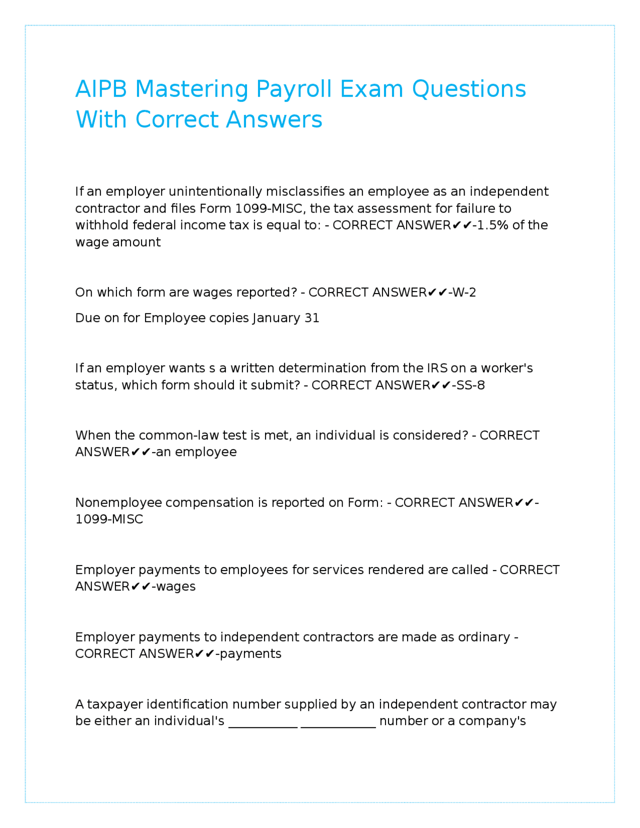AIPB Mastering Payroll Exam: Questions and Correct Answers | Exams ...