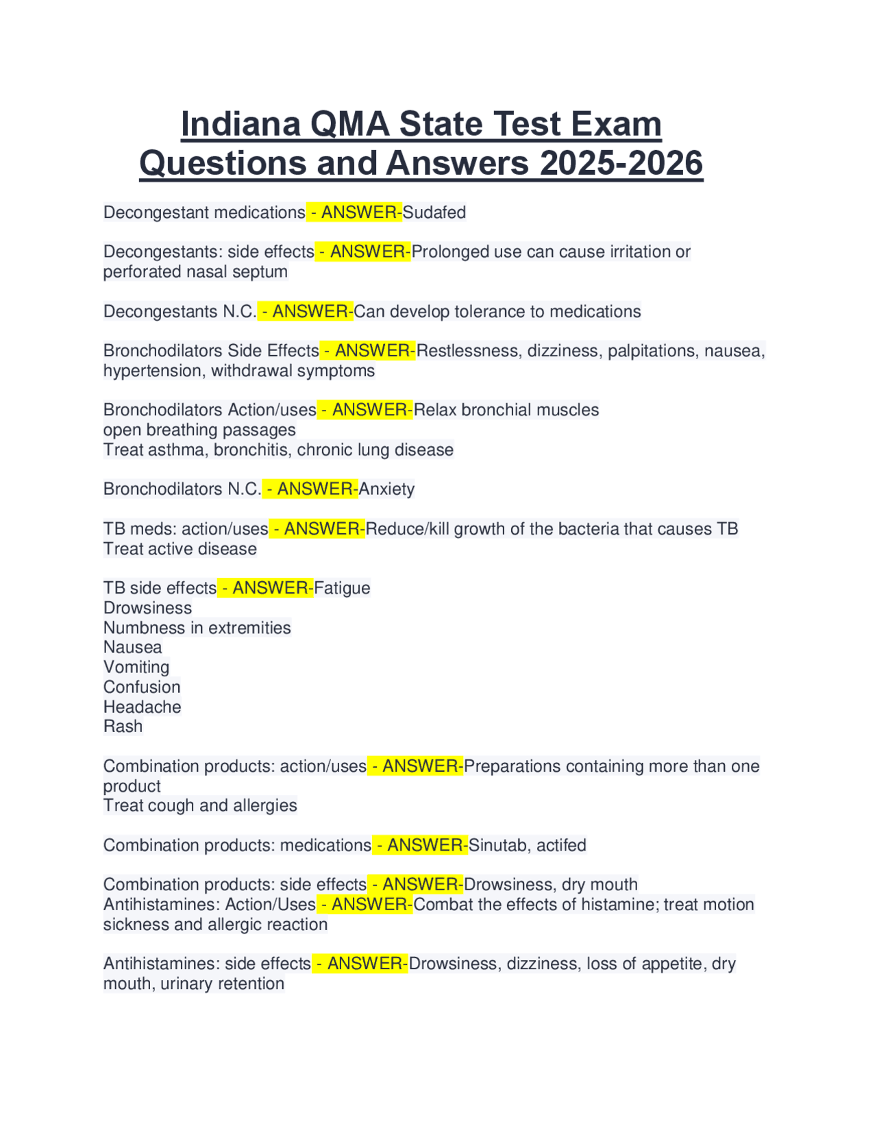 Indiana QMA State Test Exam: Medications Q&A 2025-2026 | Exams Nursing ...