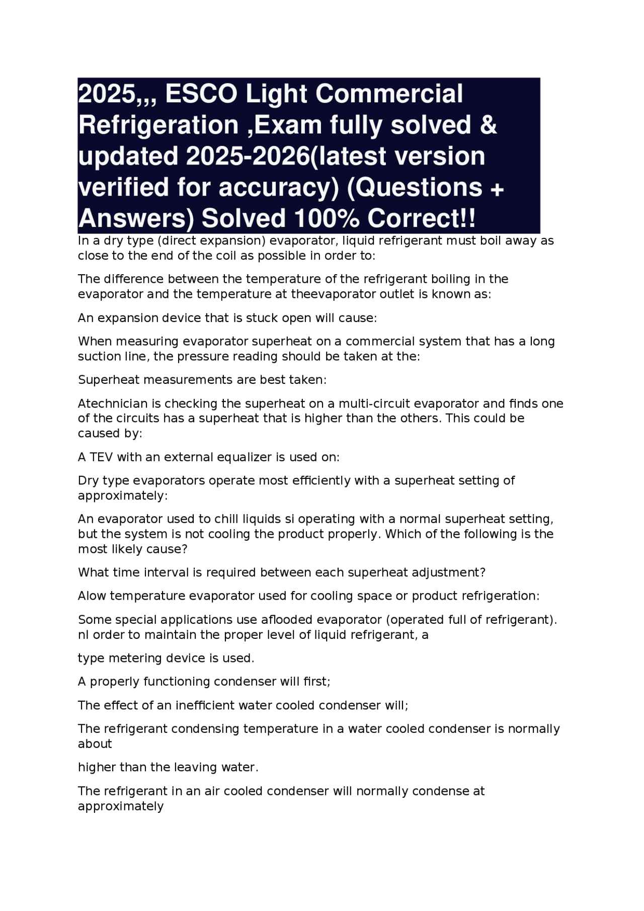 2025,,, ESCO Light Commercial Refrigeration ,Exam fully solved ...