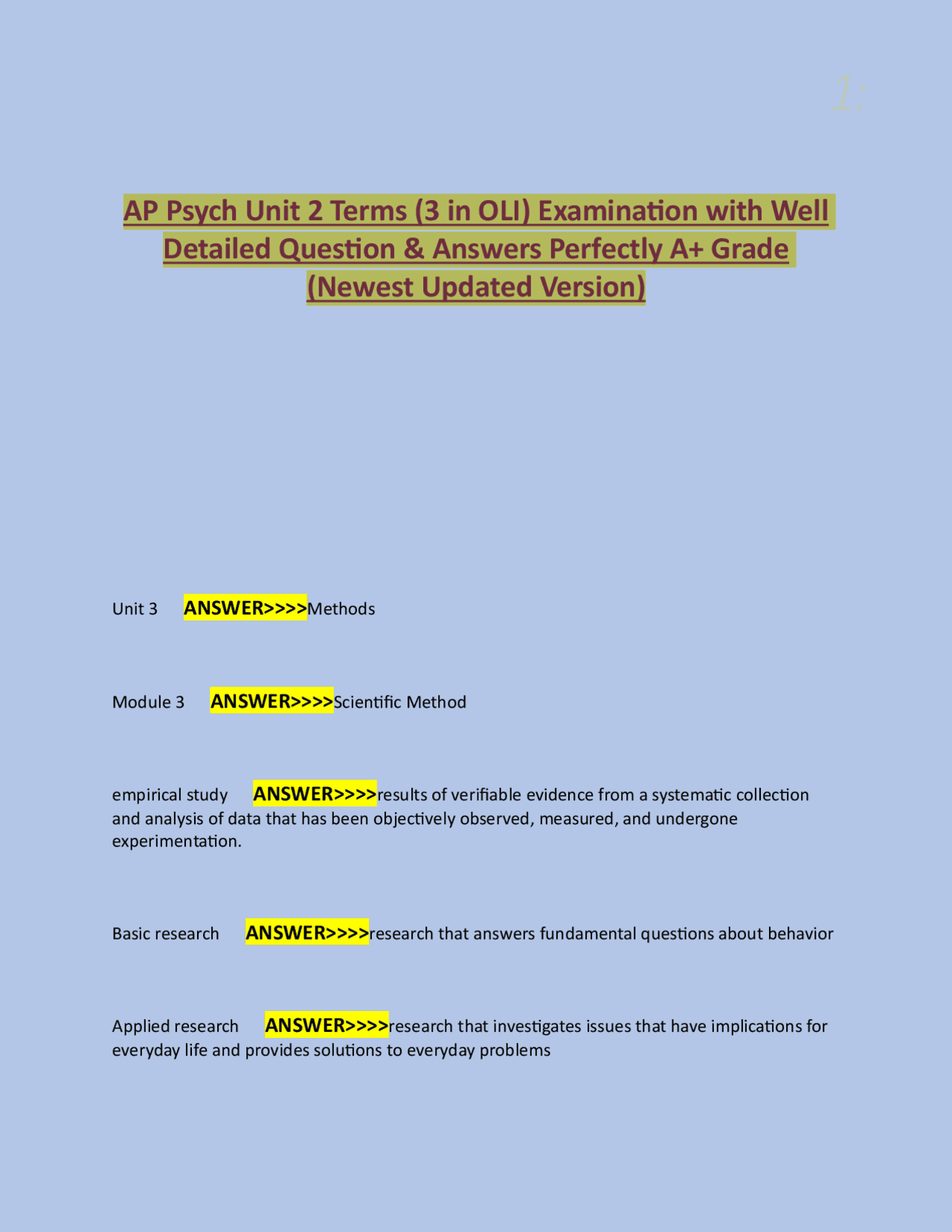 AP Psychology Unit 2: Examination with Detailed Q&A for A+ Grade ...