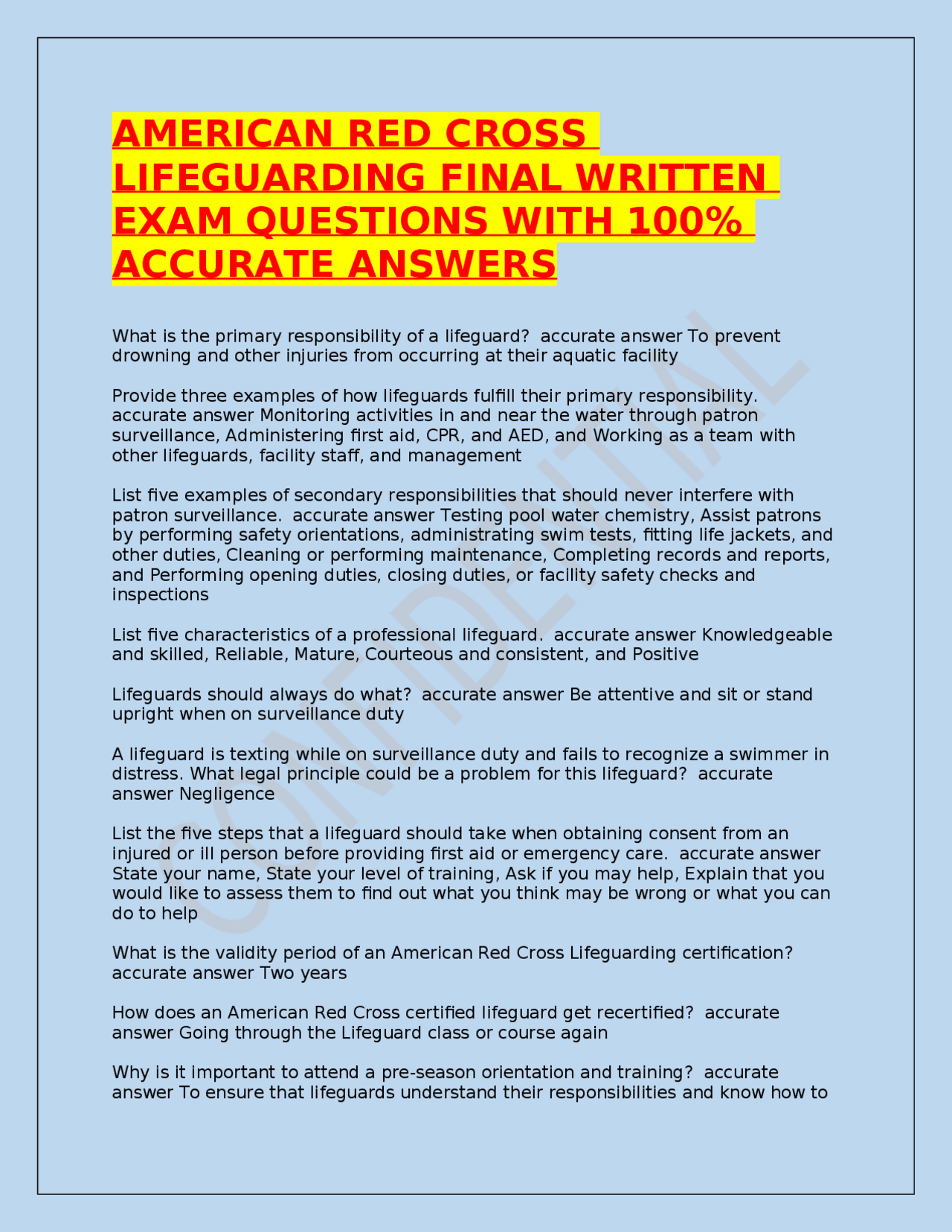 AMERICAN RED CROSS LIFEGUARDING FINAL WRITTEN EXAM QUESTIONS WITH 100% ...