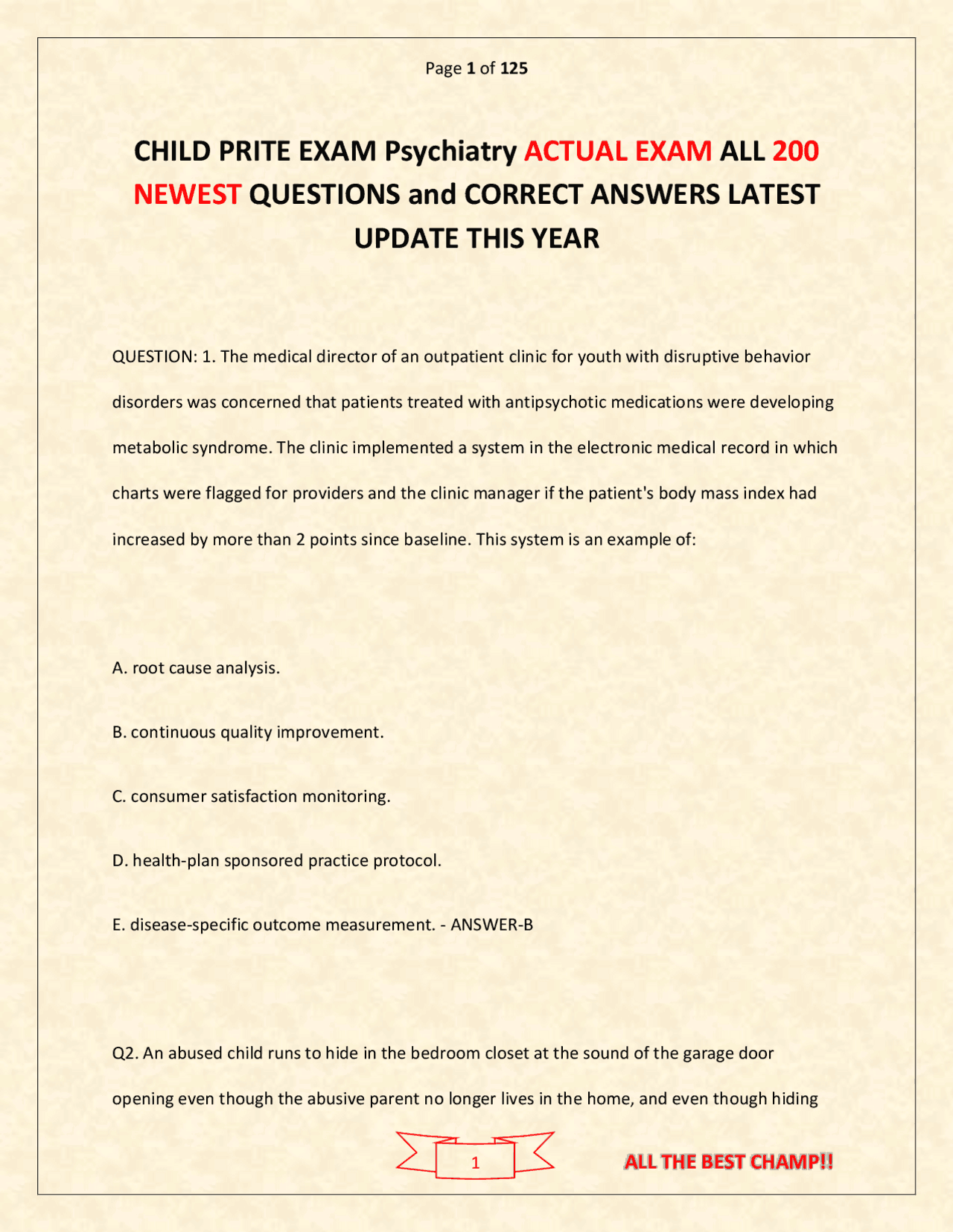 CHILD PRITE Exam – Psychiatry: Actual Exam with 200 Newest Questions ...