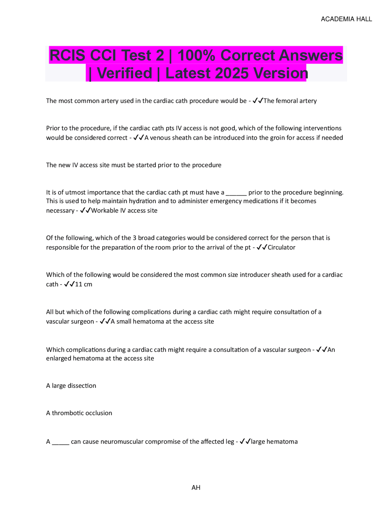 Cardiac Catheterization Procedure Test Questions and Answers | Exams ...
