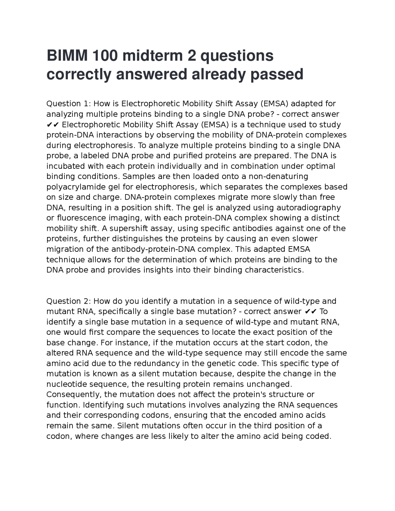 BIMM 100 Midterm 2: Solved Questions on Molecular Biology | Exams ...