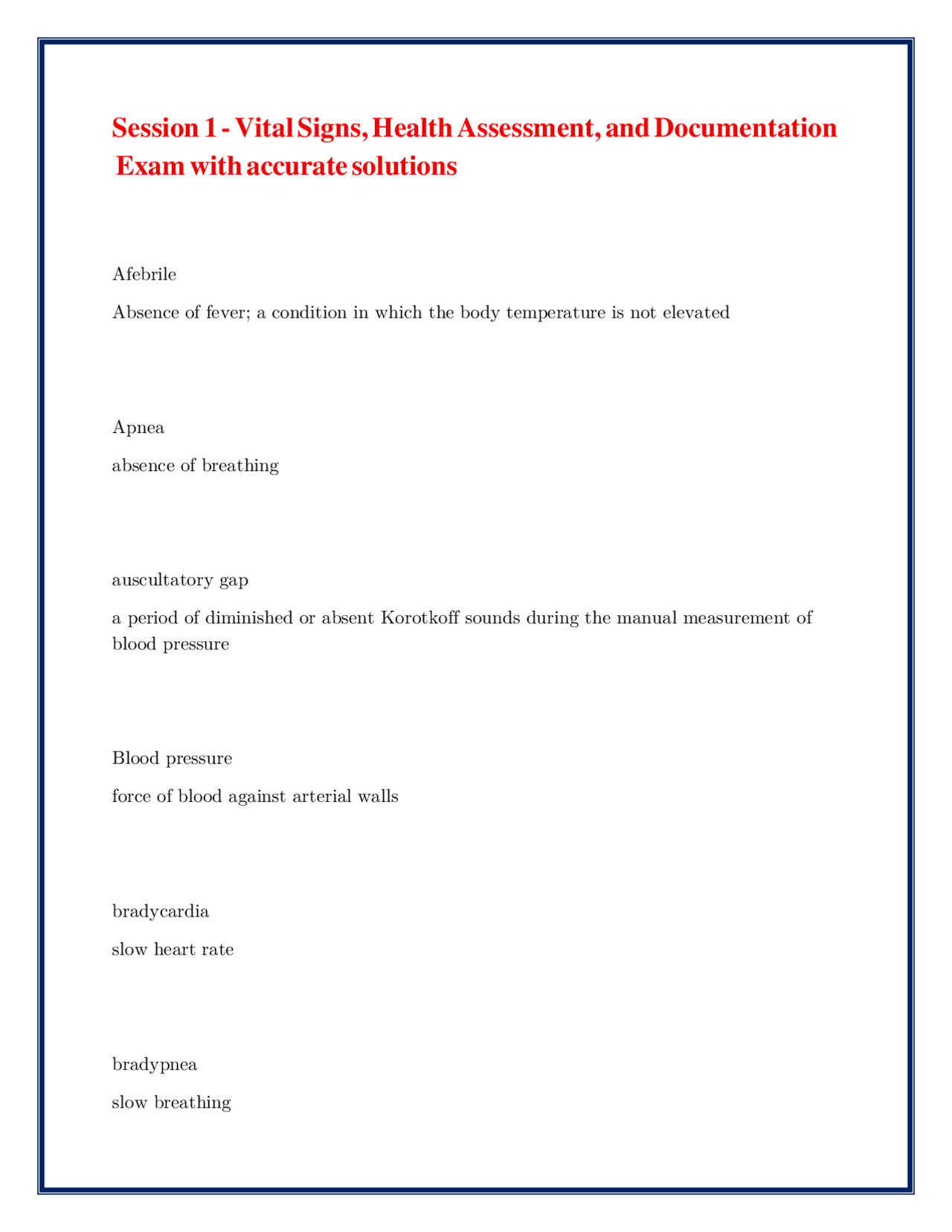 Vital Signs and Health Assessment Exam with Solutions | Exams Nursing ...