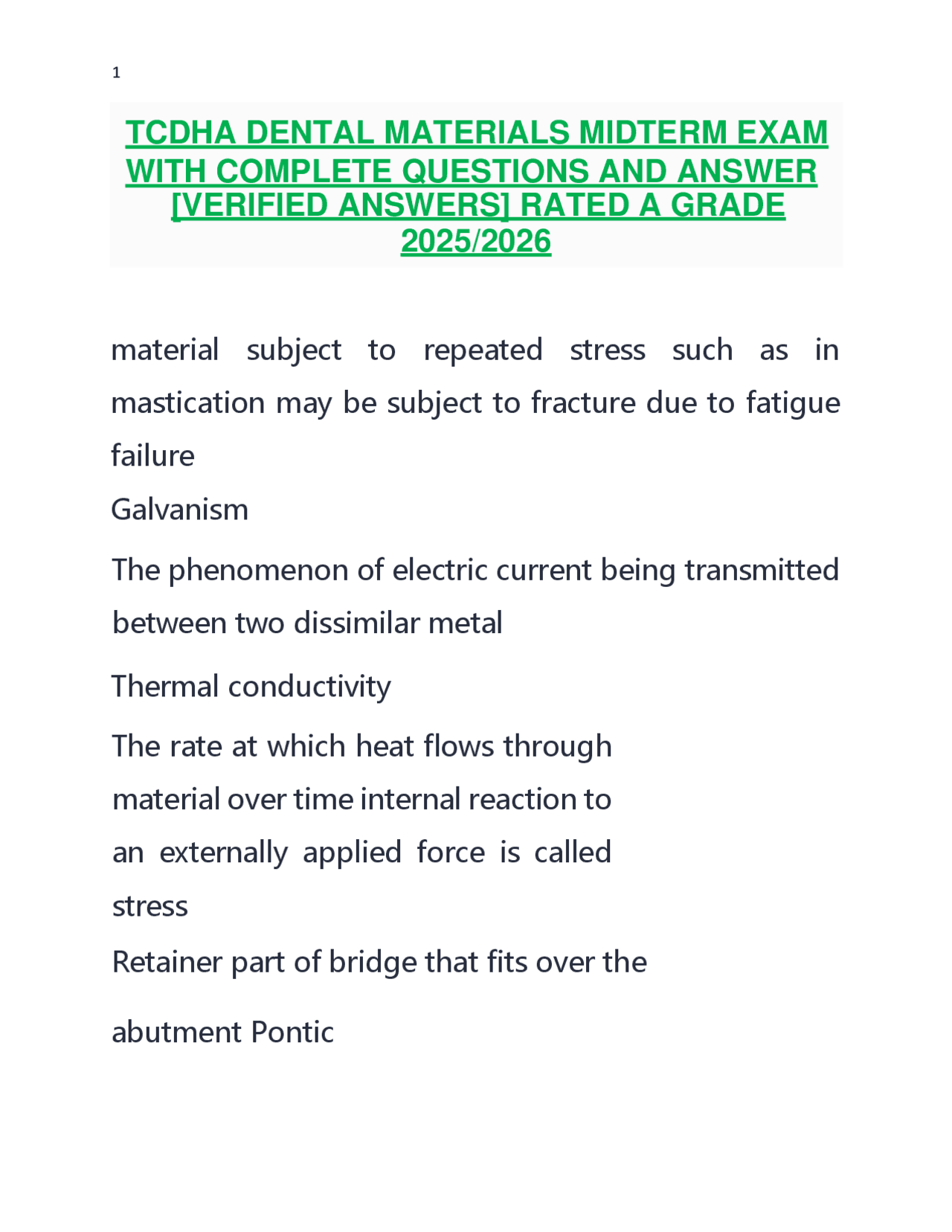 TCDHA DENTAL MATERIALS MIDTERM EXAM WITH COMPLETE QUESTIONS AND ANSWER ...