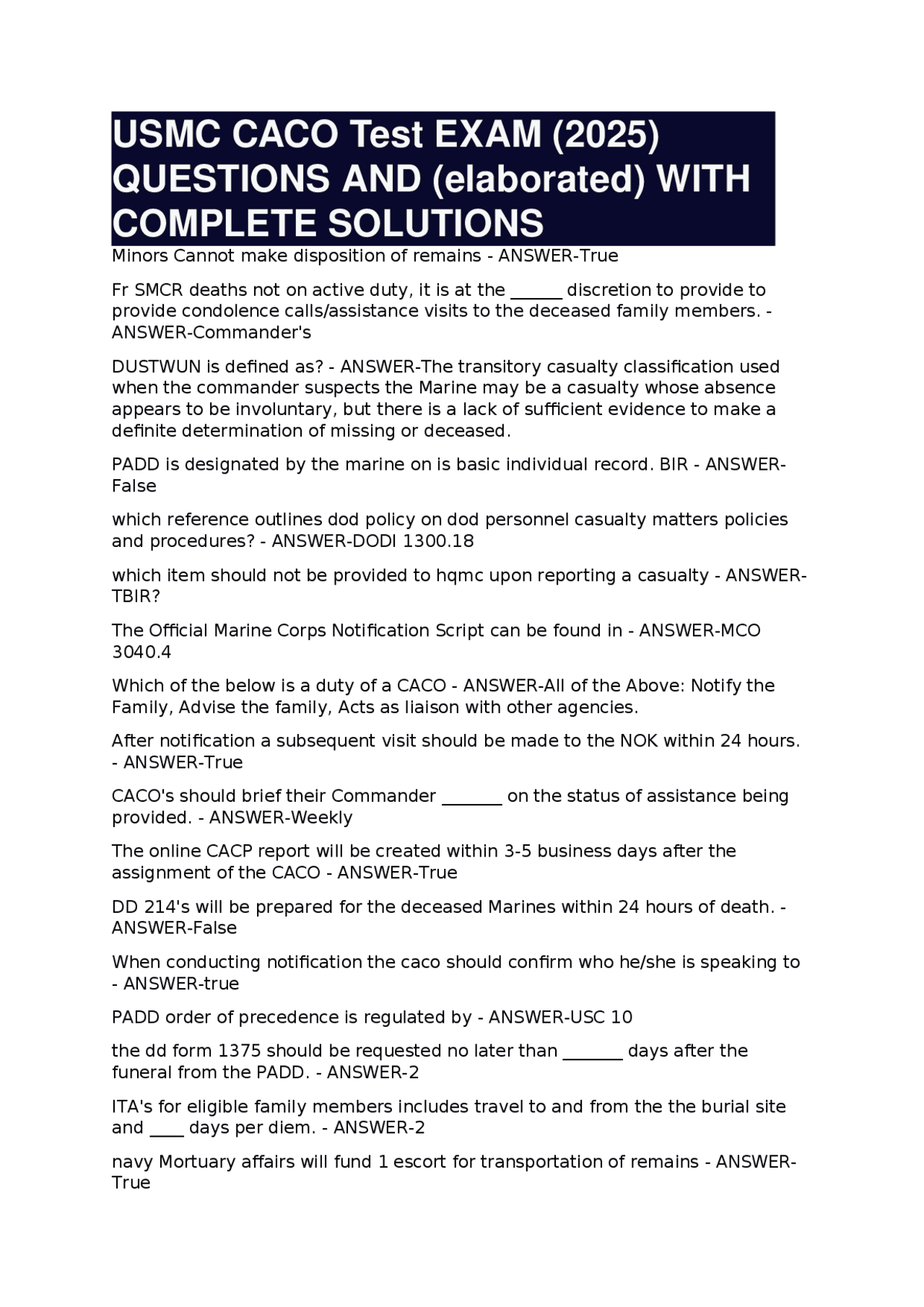 USMC CACO Test EXAM (2025) QUESTIONS AND (elaborated) WITH COMPLETE ...
