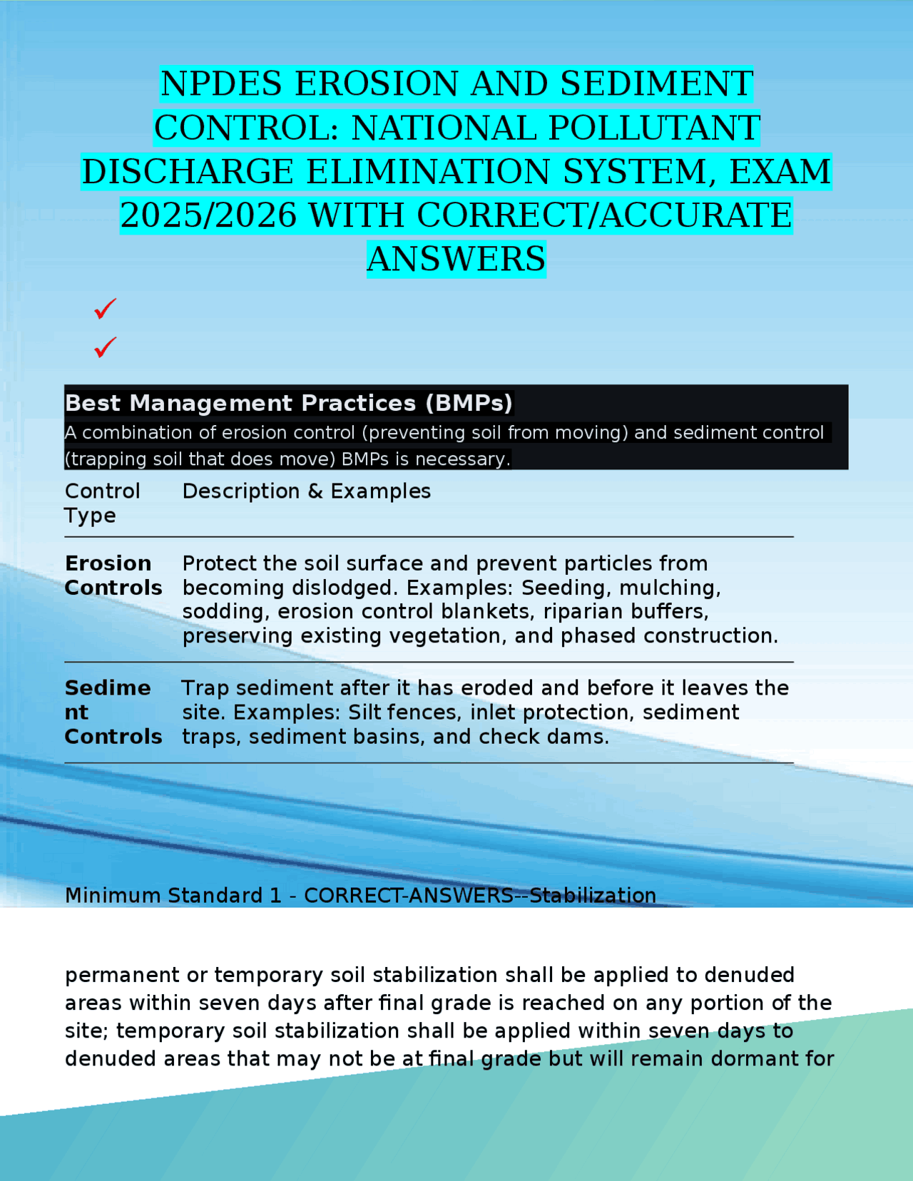 NPDES Erosion and Sediment Control Exam 2025/2026 with Answers | Exams ...