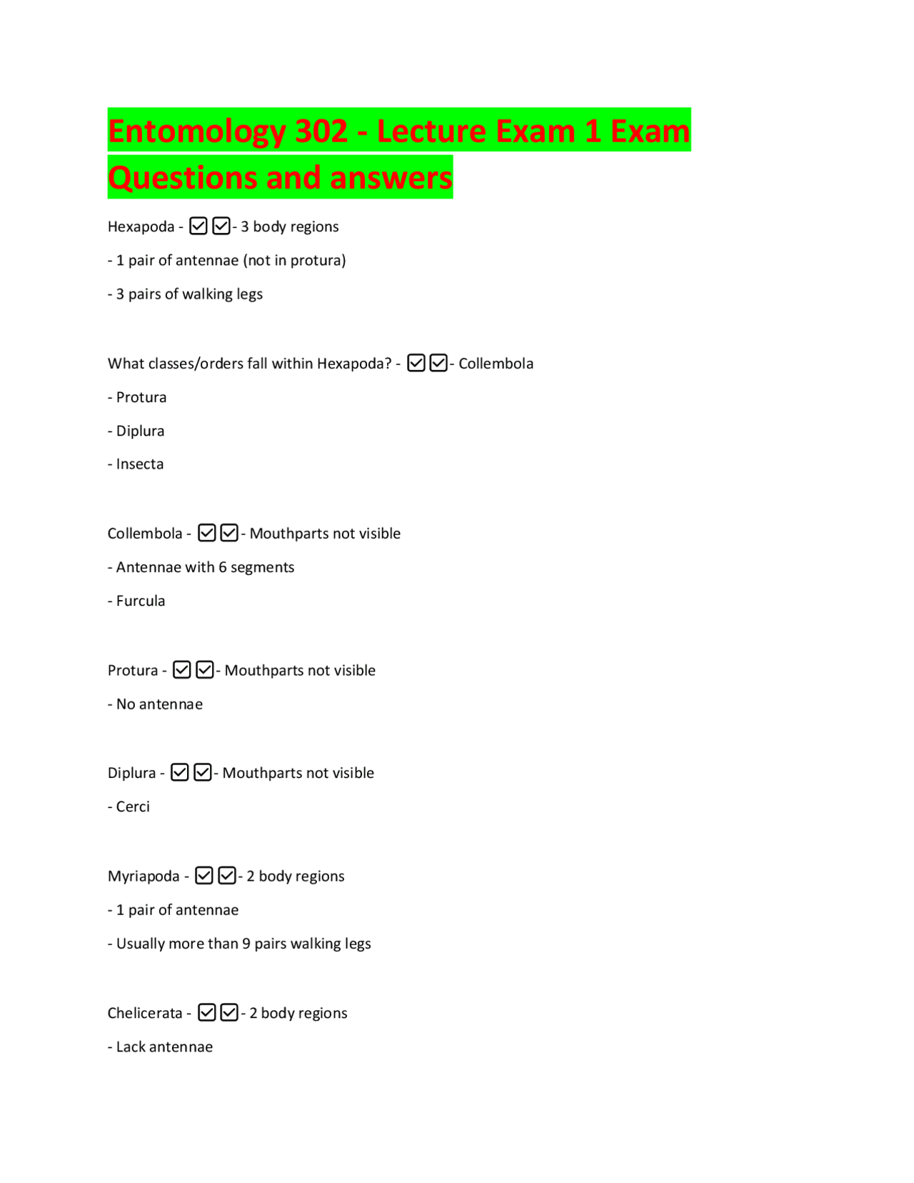 Entomology Exam 1: Questions and Answers | Exams Entomology | Docsity