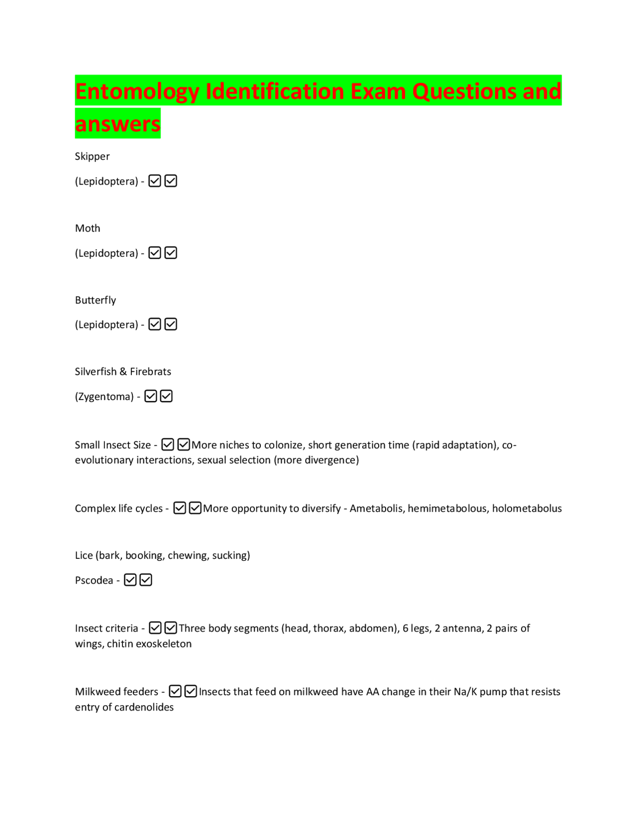 Entomology Identification Exam: Questions and Answers | Exams ...