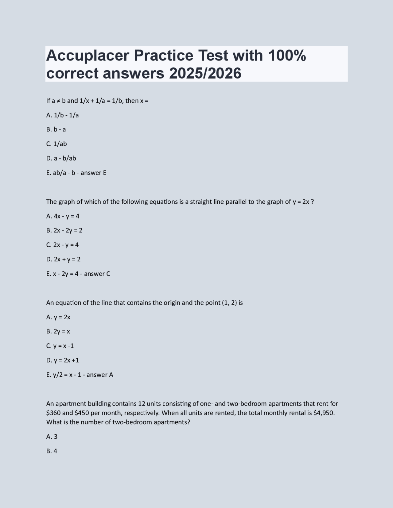 Accuplacer Practice Test 2025/2026 with Correct Answers | Exams ...