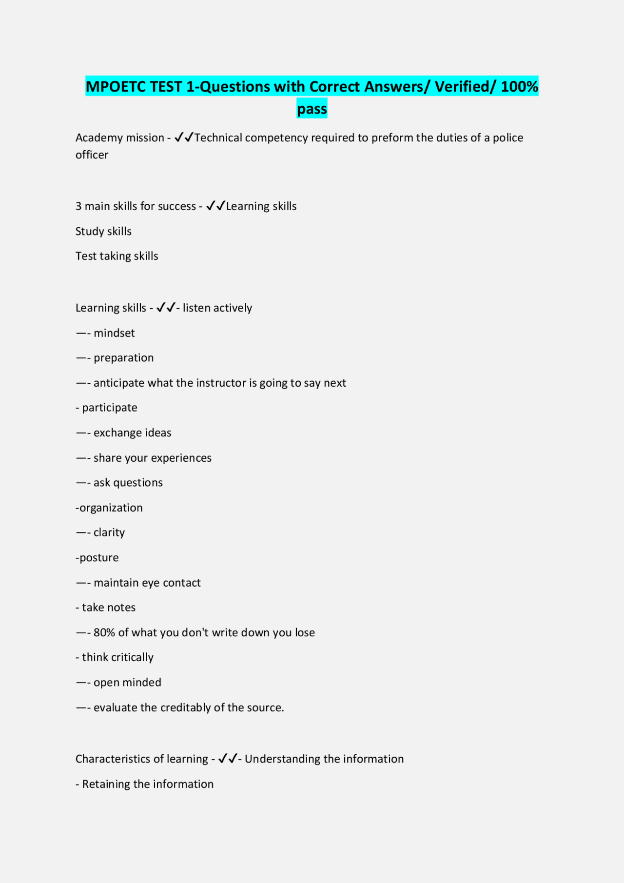 MPOETC Test 1: Police Officer Exam Questions and Answers | Exams ...