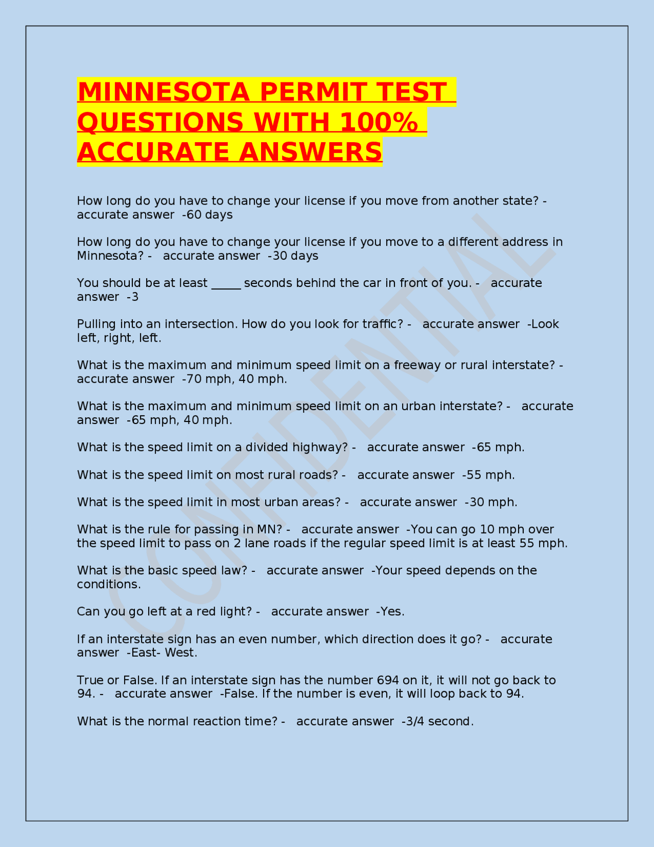 Minnesota Permit Test Questions and Answers | Exams Public Health | Docsity