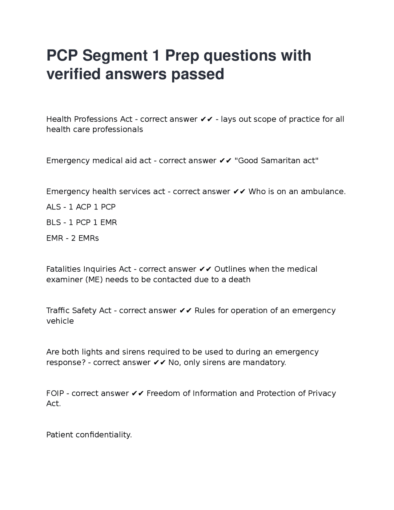 PCP Exam Prep Questions and Verified Answers | Exams Nursing | Docsity