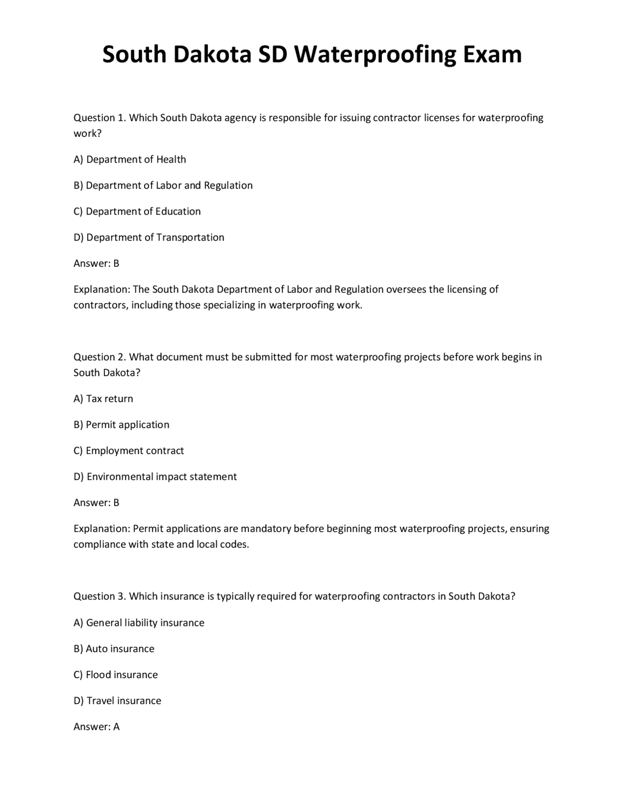 South Dakota Waterproofing Exam Questions and Answers | Exams ...