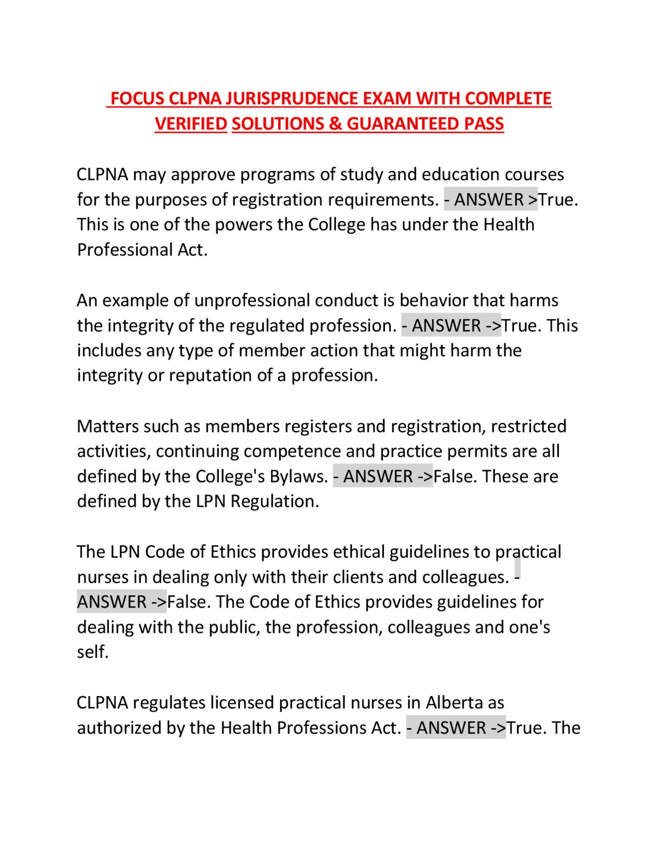 FOCUS CLPNA Jurisprudence Exam – Complete Verified Solutions ...