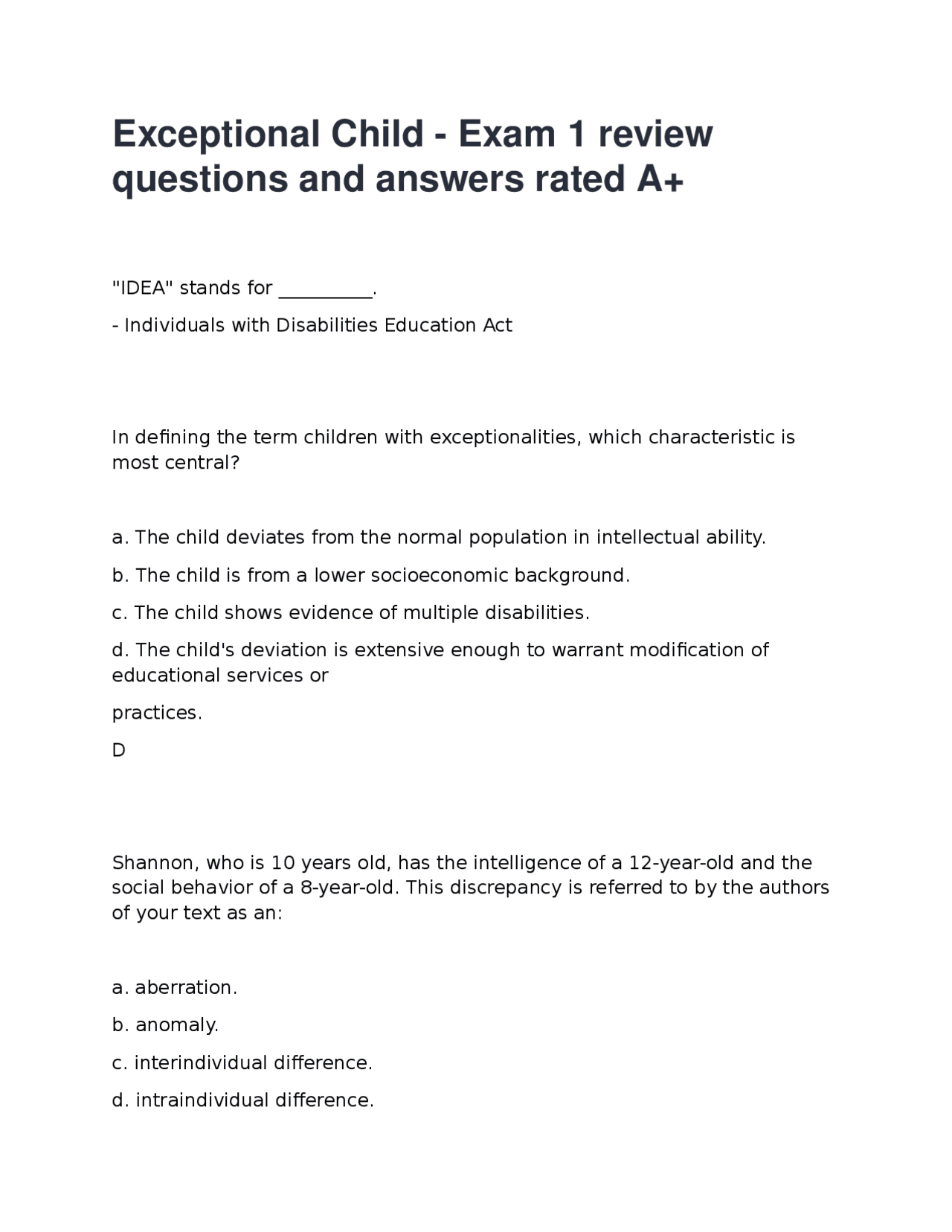 Exceptional Child Education: Exam 1 Review Questions and Answers ...