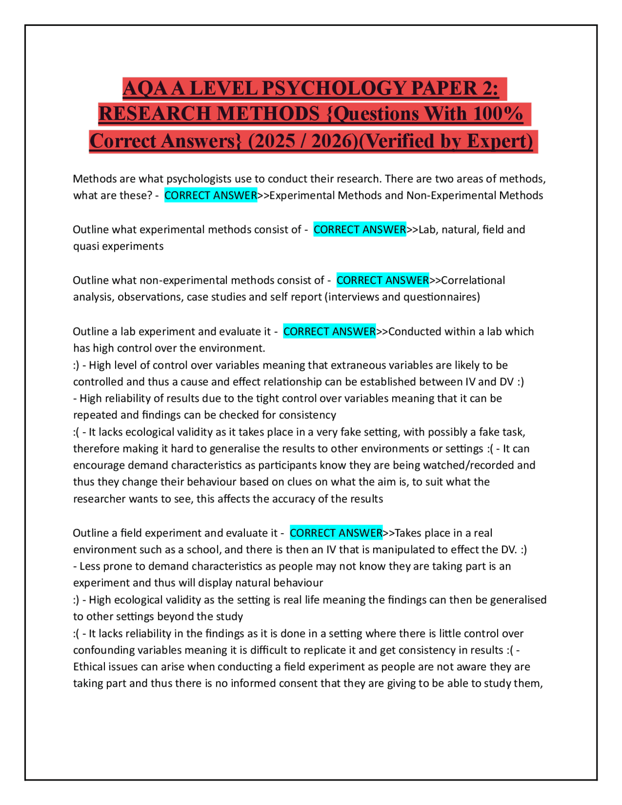 AQA A Level Psychology Paper 2 2025 | Verified Research Methods ...