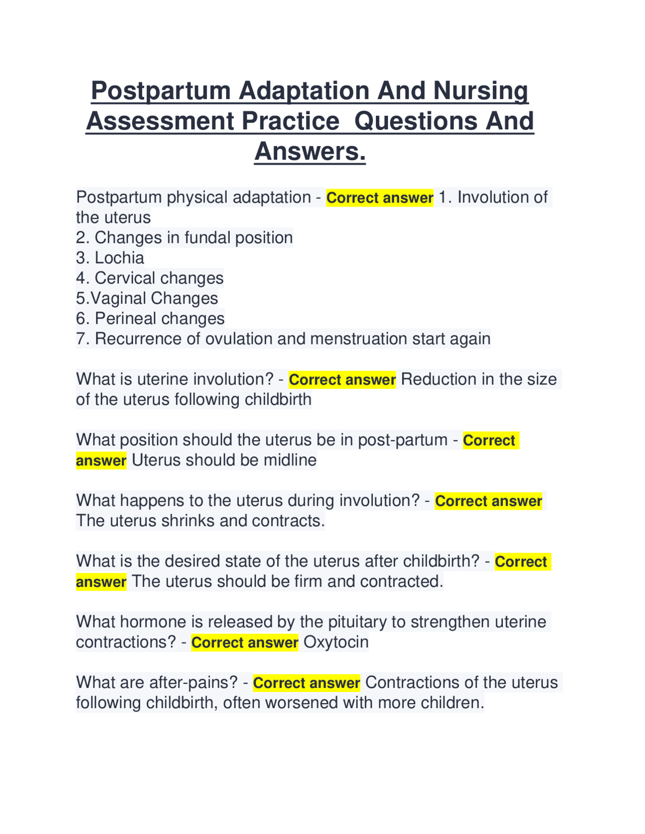 Postpartum Adaptation And Nursing Assessment Practice Questions And ...