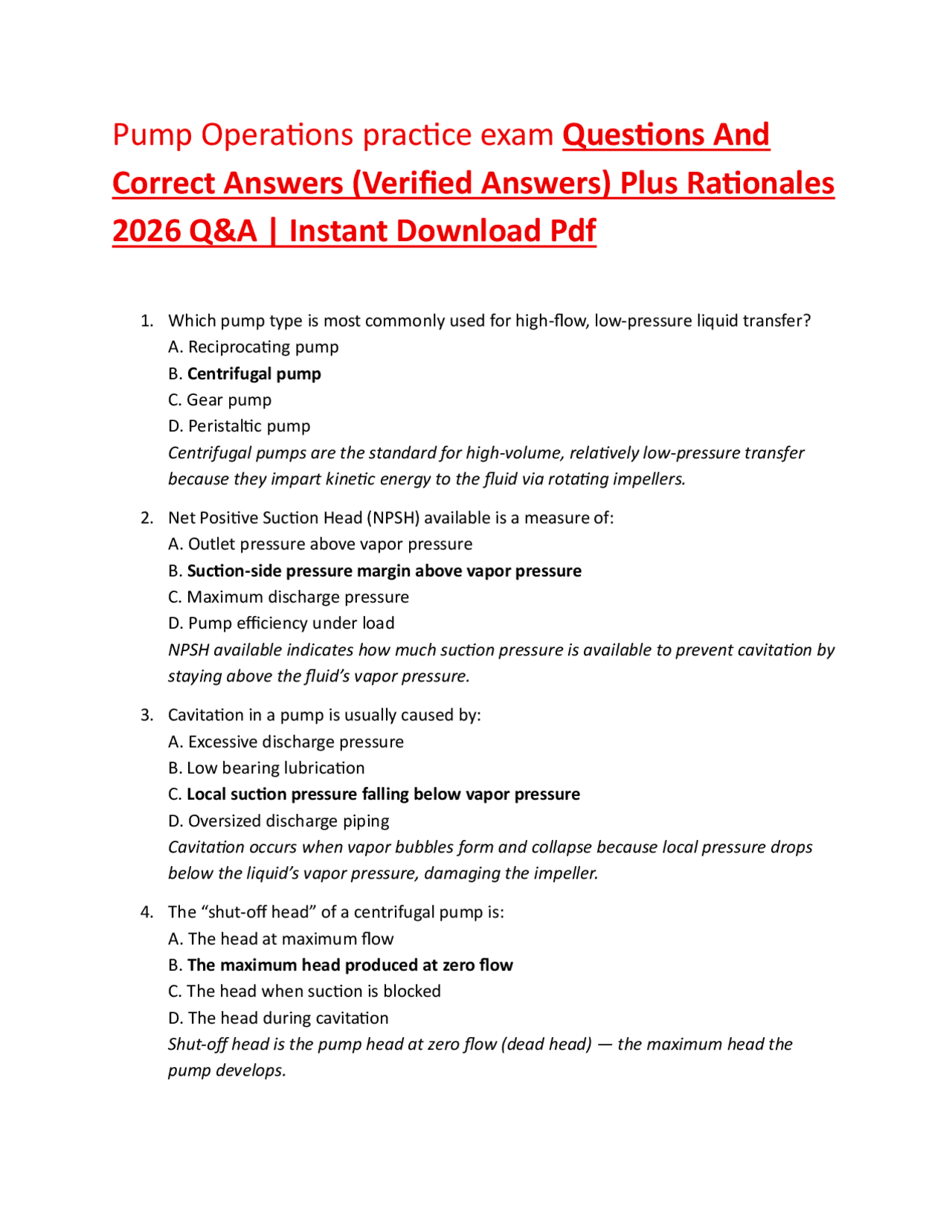 Pump Operations practice exam Questions And Correct Answers (Verified ...
