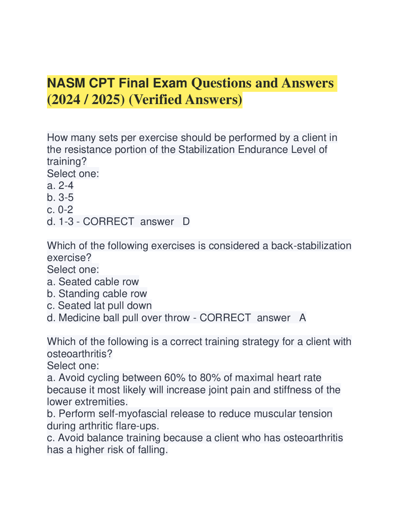 NASM CPT Final Exam Questions and Answers (2025 / 2026) (Verified ...