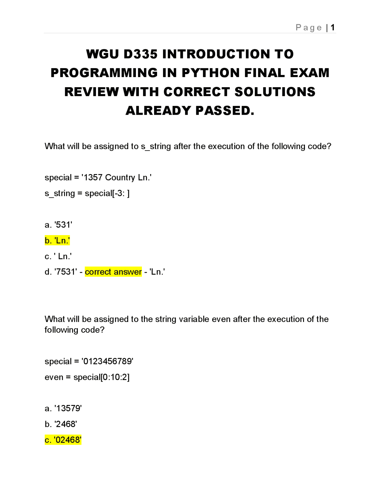WGU D335 INTRODUCTION TO PROGRAMMING IN PYTHON FINAL EXAM REVIEW WITH ...