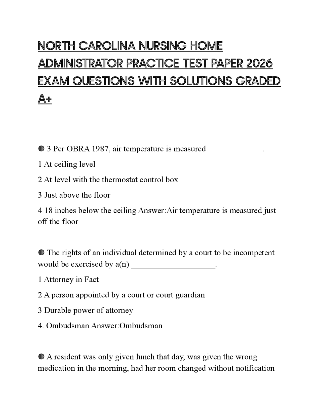 NORTH CAROLINA NURSING HOME ADMINISTRATOR PRACTICE TEST PAPER 2026 EXAM ...