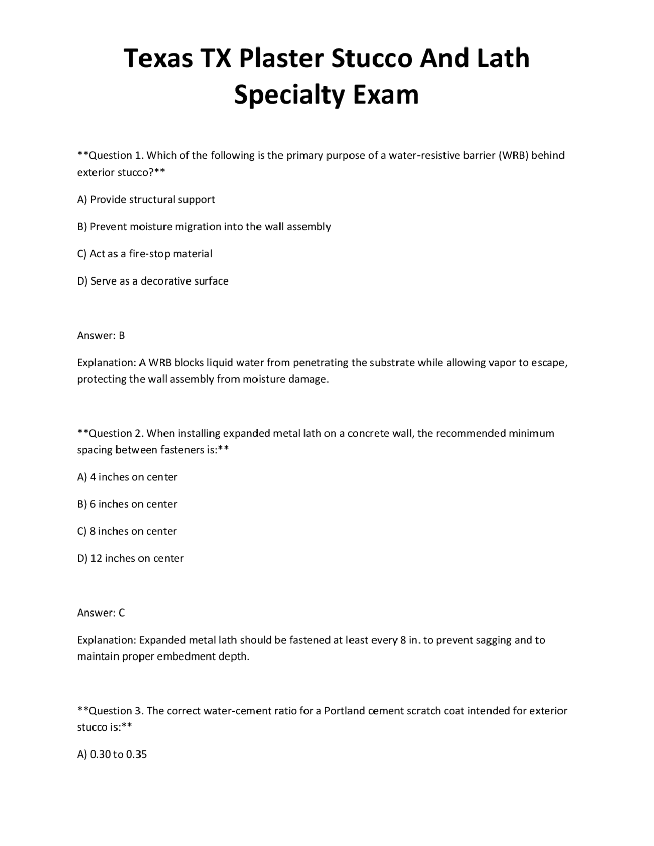 Texas TX Plaster Stucco And Lath Specialty Exam | Exams Technology ...