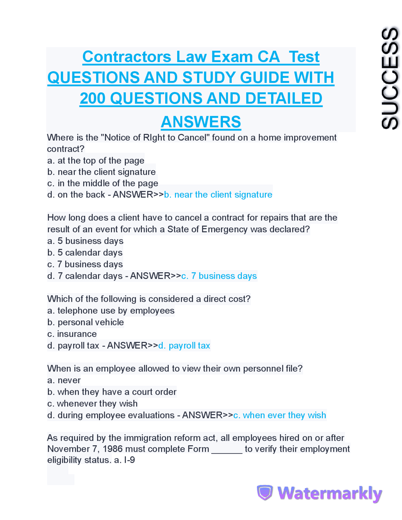 Contractors Law Exam CA Test QUESTIONS AND STUDY GUIDE WITH 200 ...