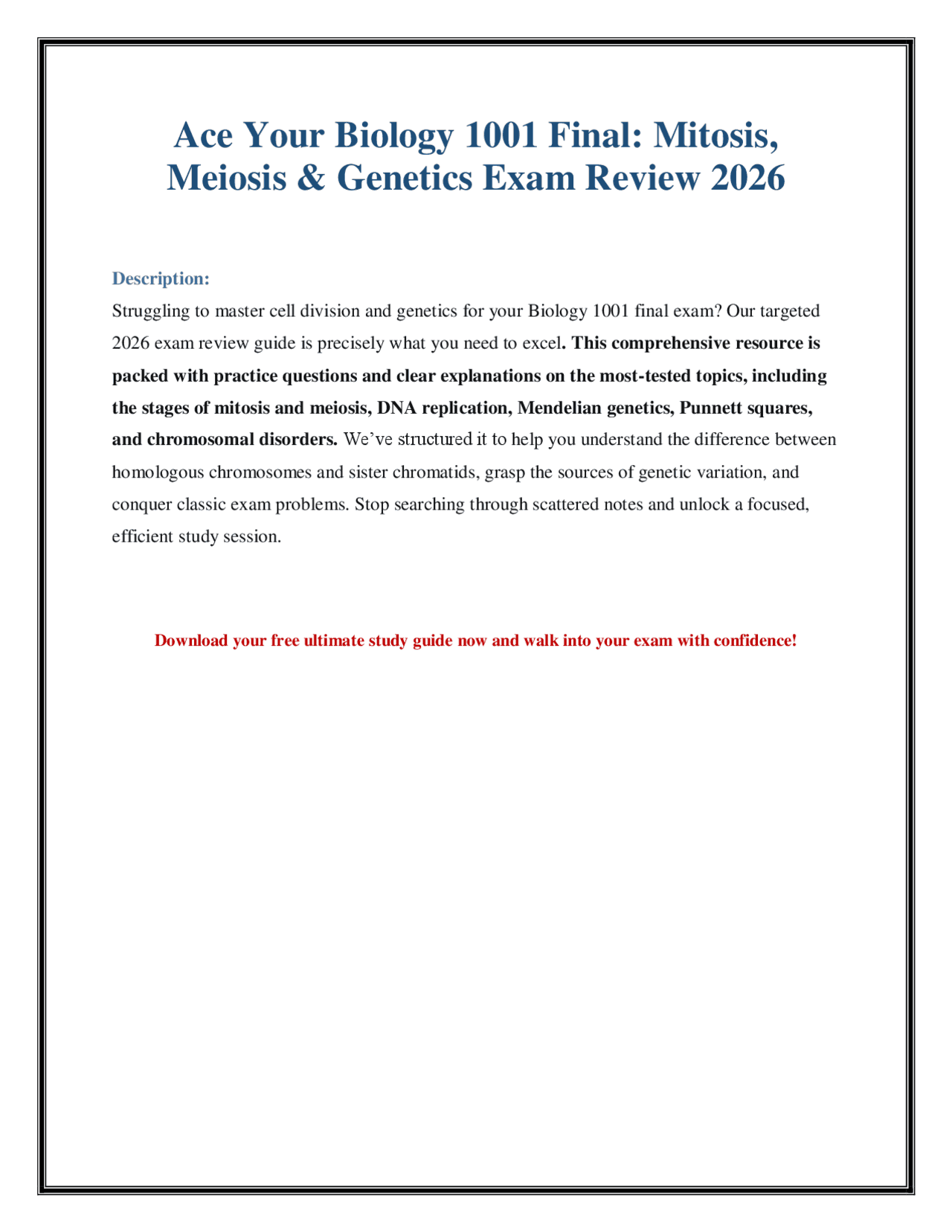 Biology 1001 Final Exam Review: Mitosis, Meiosis & Genetics Guide ...