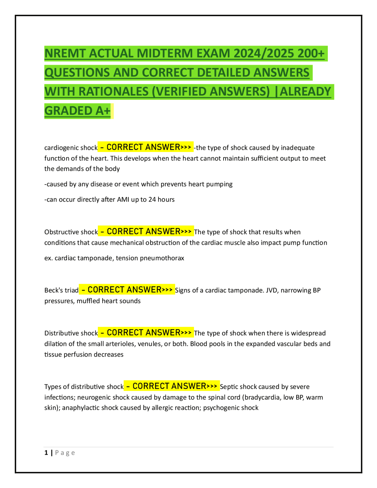 NREMT ACTUAL MIDTERM EXAM 2024/2025 200+ QUESTIONS AND CORRECT DETAILED ...
