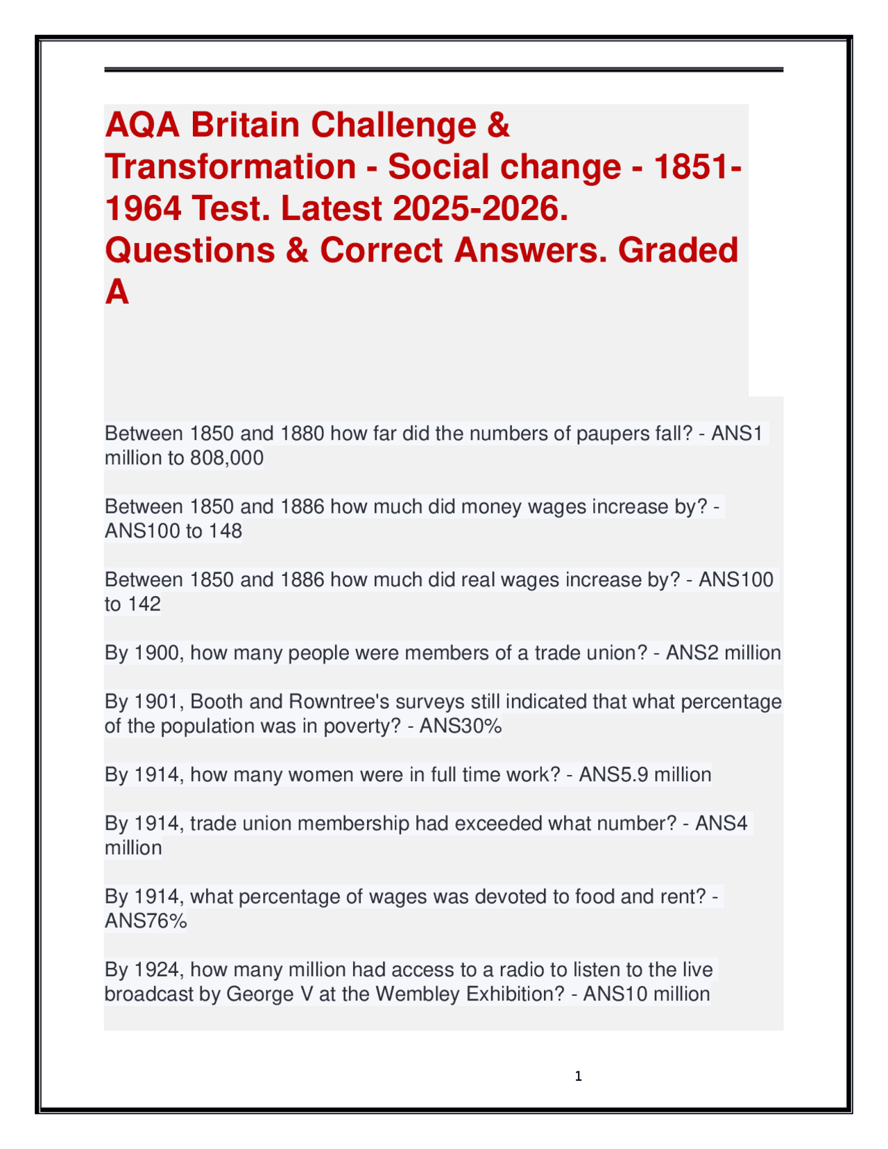 AQA Britain Challenge & Transformation - Social change - 1851-1964 Test ...