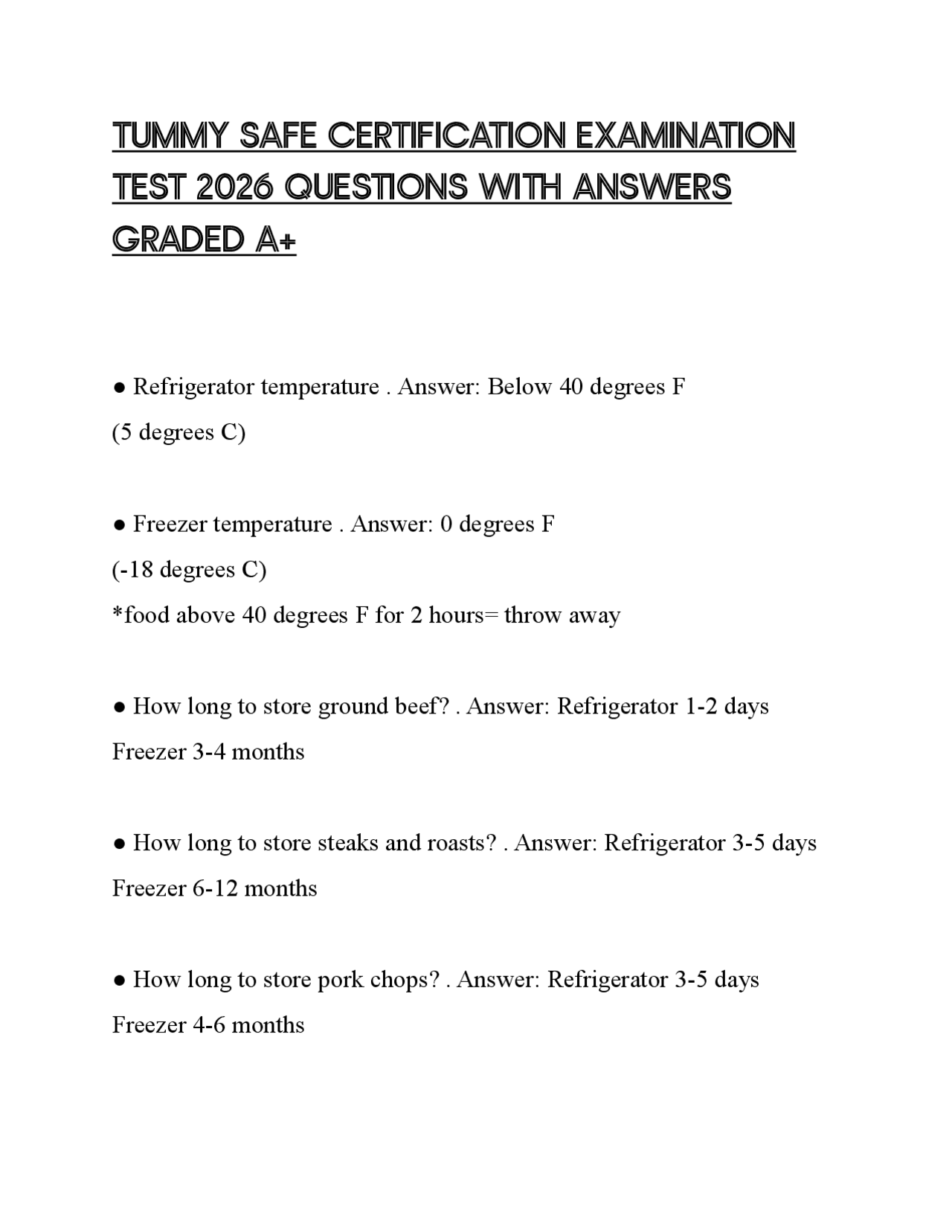 TUMMY SAFE CERTIFICATION EXAMINATION TEST 2026 QUESTIONS WITH ANSWERS ...