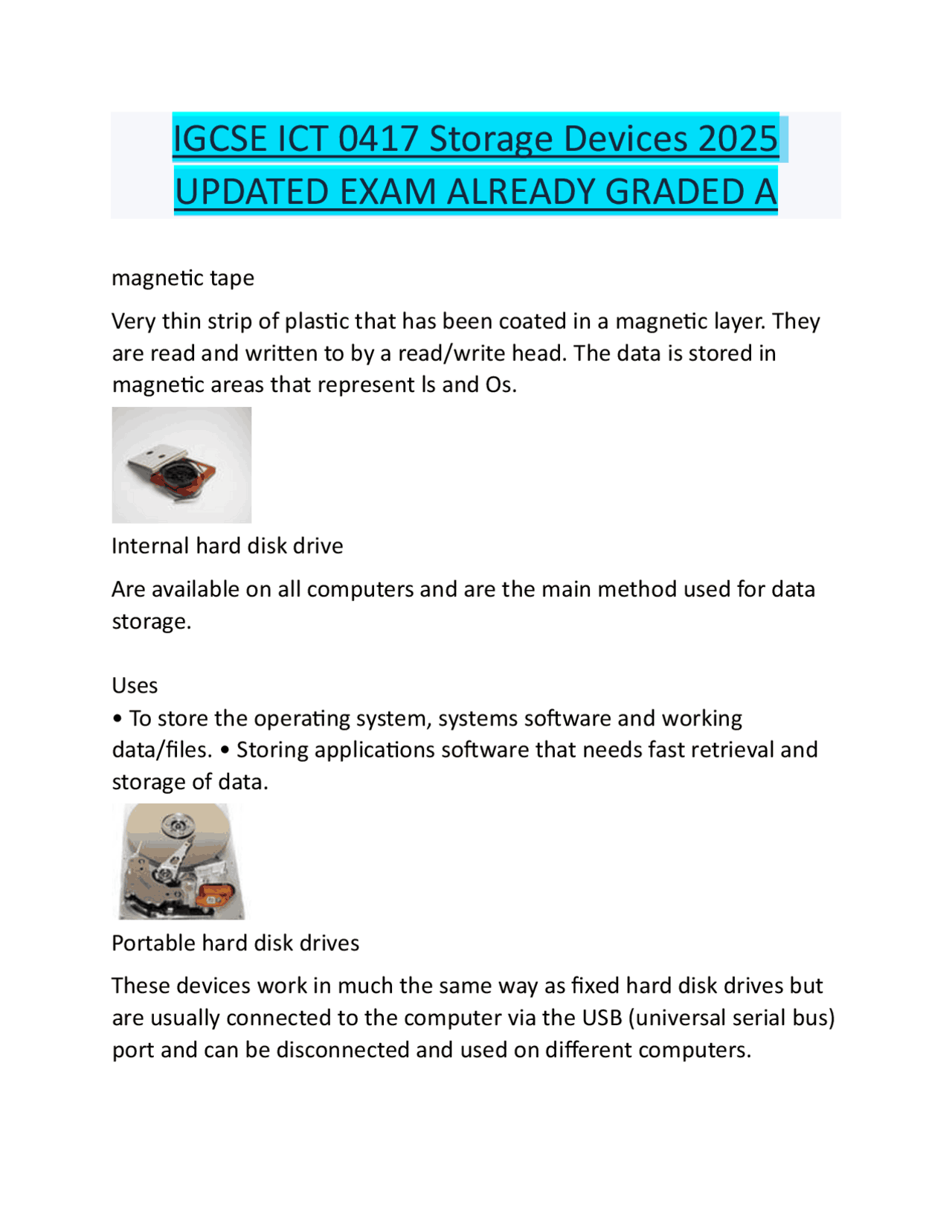 IGCSE ICT 0417 Storage Devices 2025 UPDATED EXAM ALREADY GRADED A ...