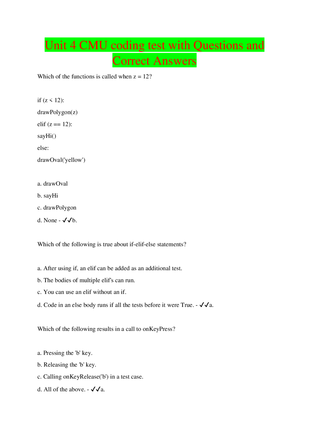 Unit 4 CMU coding test with Questions and Correct Answers | Exams ...