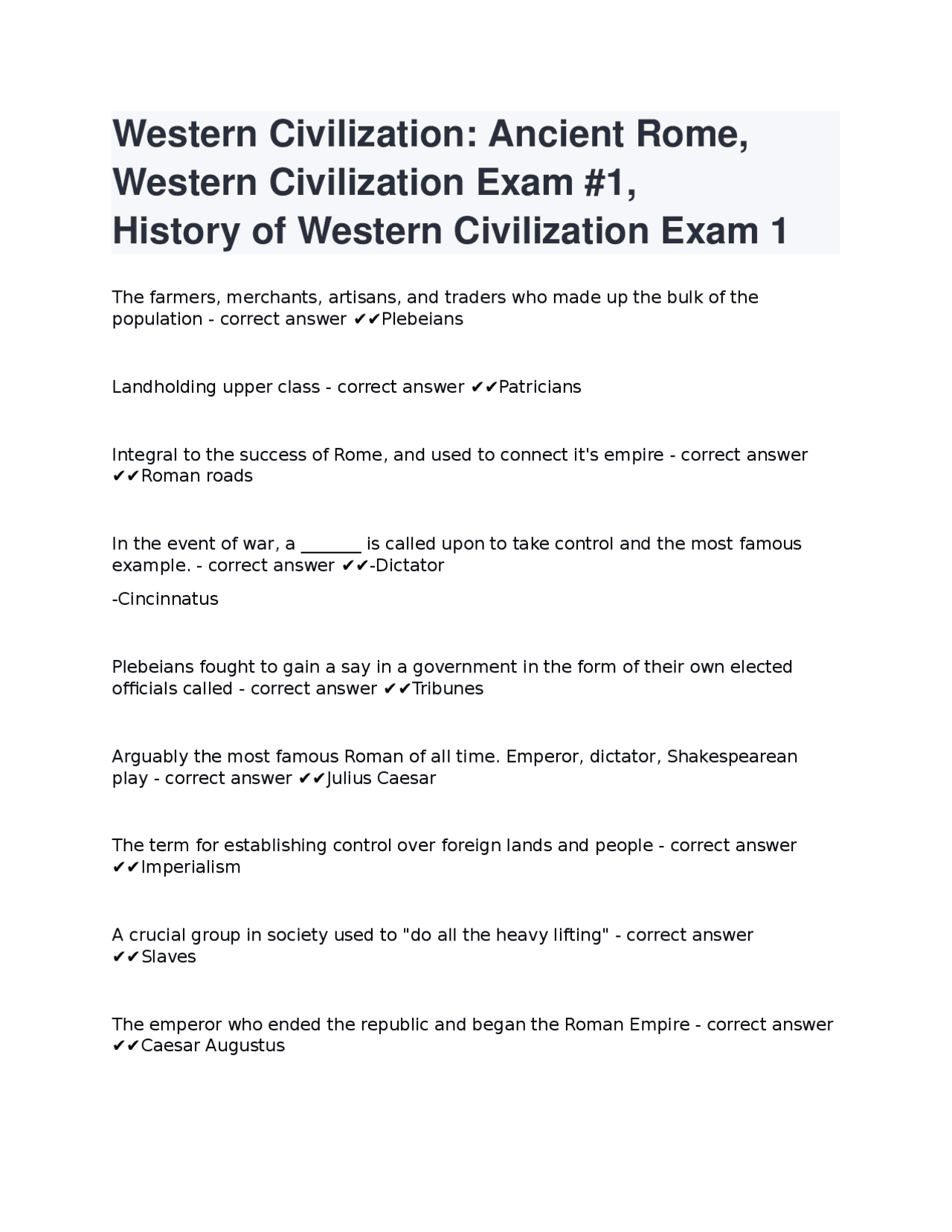Western Civilization: Ancient Rome, Western Civilization Exam #1 ...