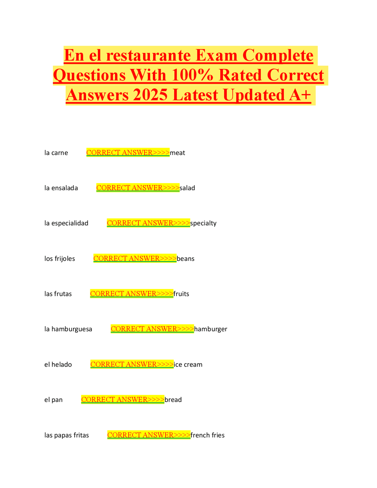 En el restaurante Exam Complete Questions With 100% Rated Correct ...