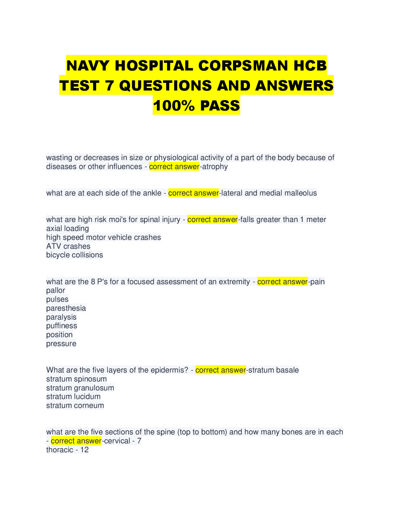 NAVY HOSPITAL CORPSMAN HCB TEST 7 QUESTIONS AND ANSWERS 100% PASS ...