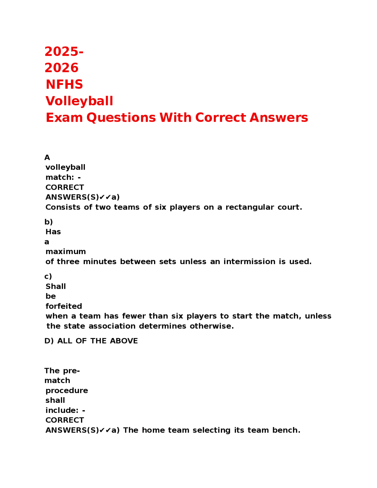 Volleyball Exam Questions with Correct Answers | Exams Sport Studies ...