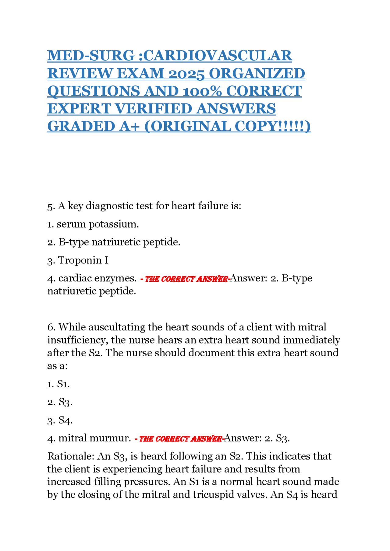 MED-SURG :CARDIOVASCULAR REVIEW EXAM 2025 ORGANIZED QUESTIONS AND 100% ...