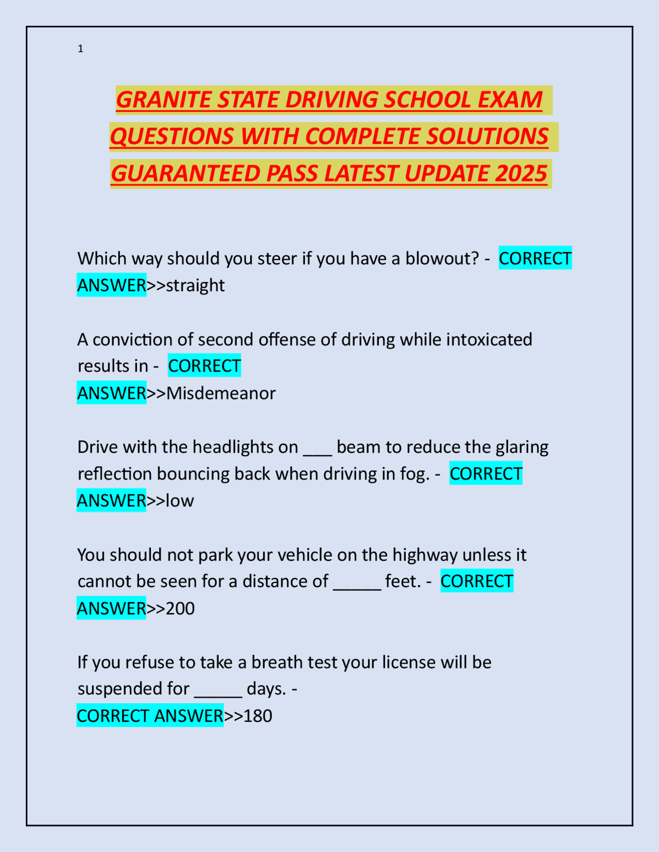 Granite State Driving School Exam Questions with Complete Solutions ...