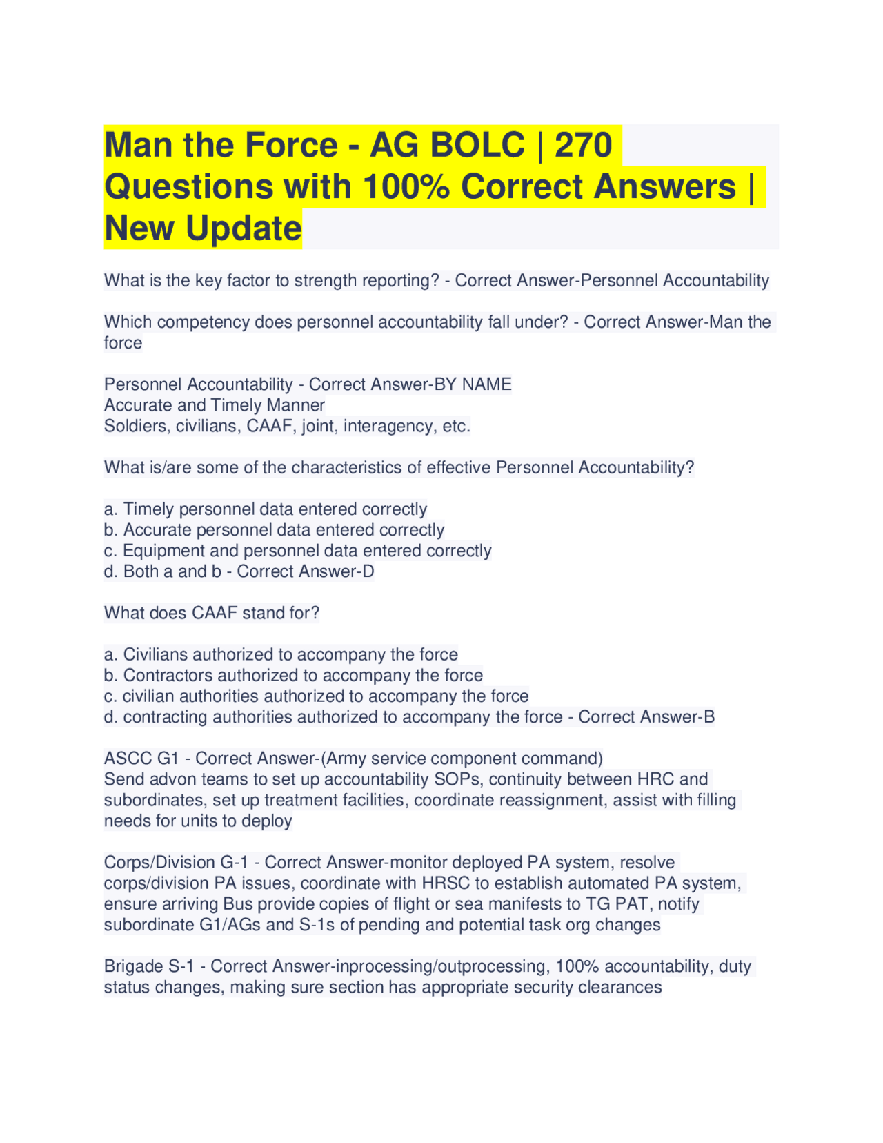 Man the Force - AG BOLC | 270 Questions with 100% Correct Answers | New ...