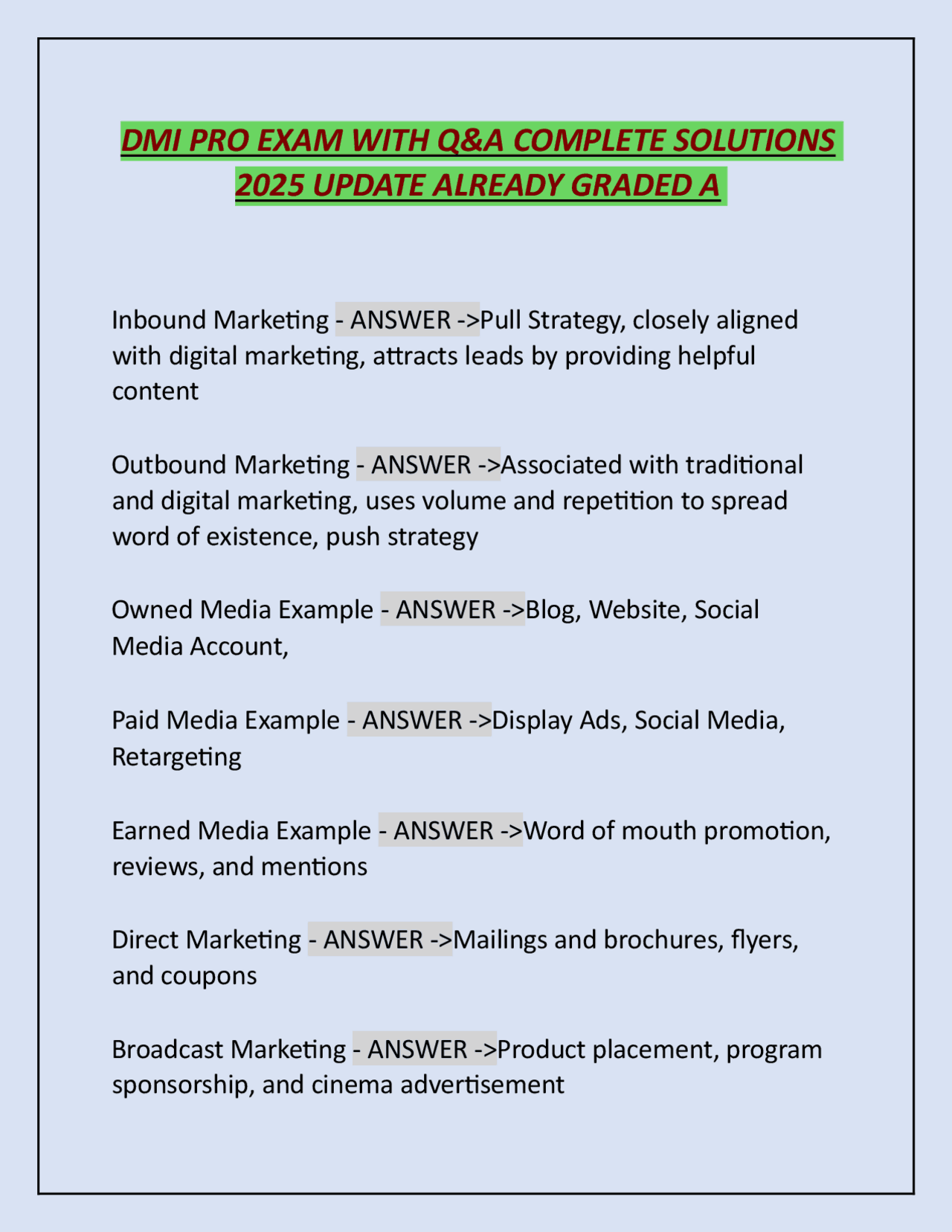 DMI PRO EXAM WITH Q&A COMPLETE SOLUTIONS 2025 UPDATE ALREADY GRADED A | Exams Nursing | Docsity